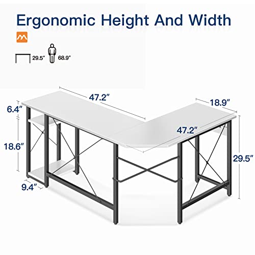Coleshome L Shaped Computer Desk 66" with Storage Shelves, Corner Gaming Desk, Sturdy Writing Desk Workstation, Modern Wooden Office Desk, Wood & Metal, White