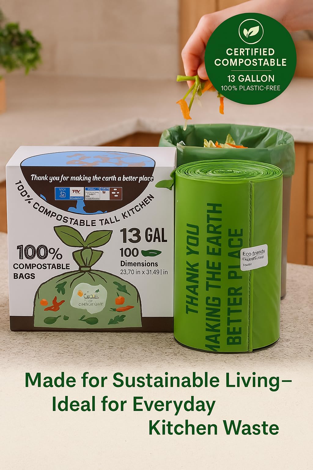 Cacus 100% Compostable Trash Bags, 13 Gallon/49.2L, 80 Count, Heavy Duty 0.90 Mils Thickness, Tall Kitchen Trash Bags, Food Waste Bags, US BPI ASTM D6400 and Europe OK Compost Home Certified