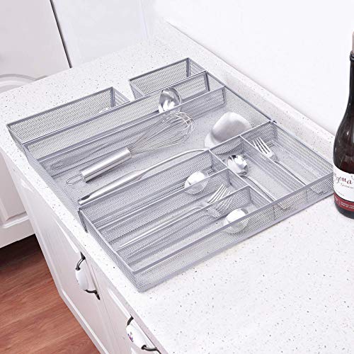 WuGeShop Expandable Kitchen Drawer Organizer, Large Silverware Organizer, Adjustable Mesh Utensils Cutlery Tray with Anti-slip Mat (7+2 Compartment, Silver)