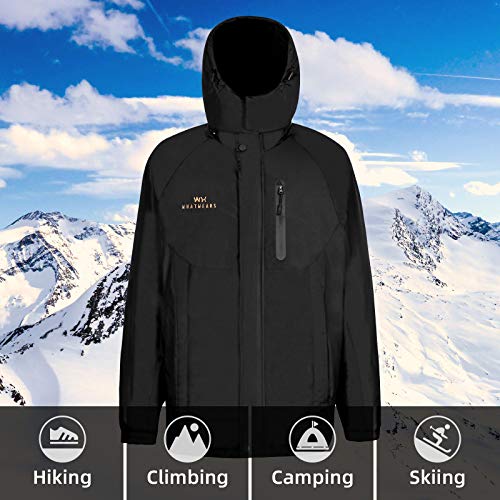 WHATWEARS Men's Winter Coats Waterproof Ski Jacket for Men Snow Coat Windproof Mountain Jackets with Hooded, Black, L