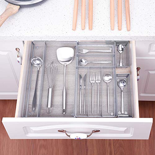 WuGeShop Expandable Kitchen Drawer Organizer, Large Silverware Organizer, Adjustable Mesh Utensils Cutlery Tray with Anti-slip Mat (7+2 Compartment, Silver)