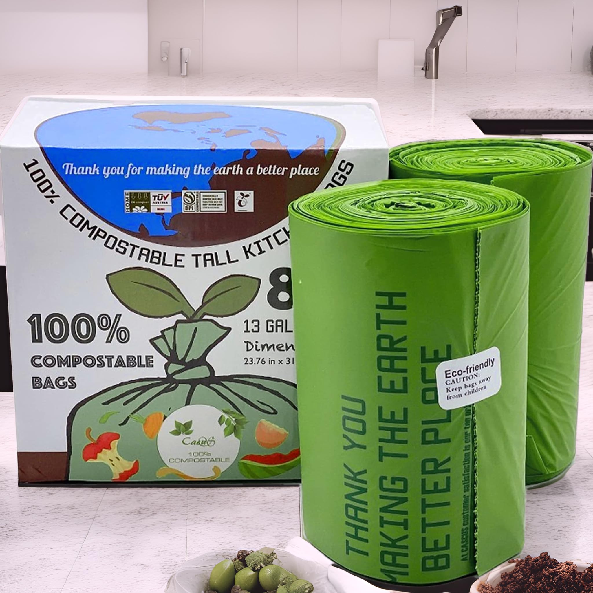 Cacus 100% Compostable Trash Bags, 13 Gallon/49.2L, 80 Count, Heavy Duty 0.90 Mils Thickness, Tall Kitchen Trash Bags, Food Waste Bags, US BPI ASTM D6400 and Europe OK Compost Home Certified