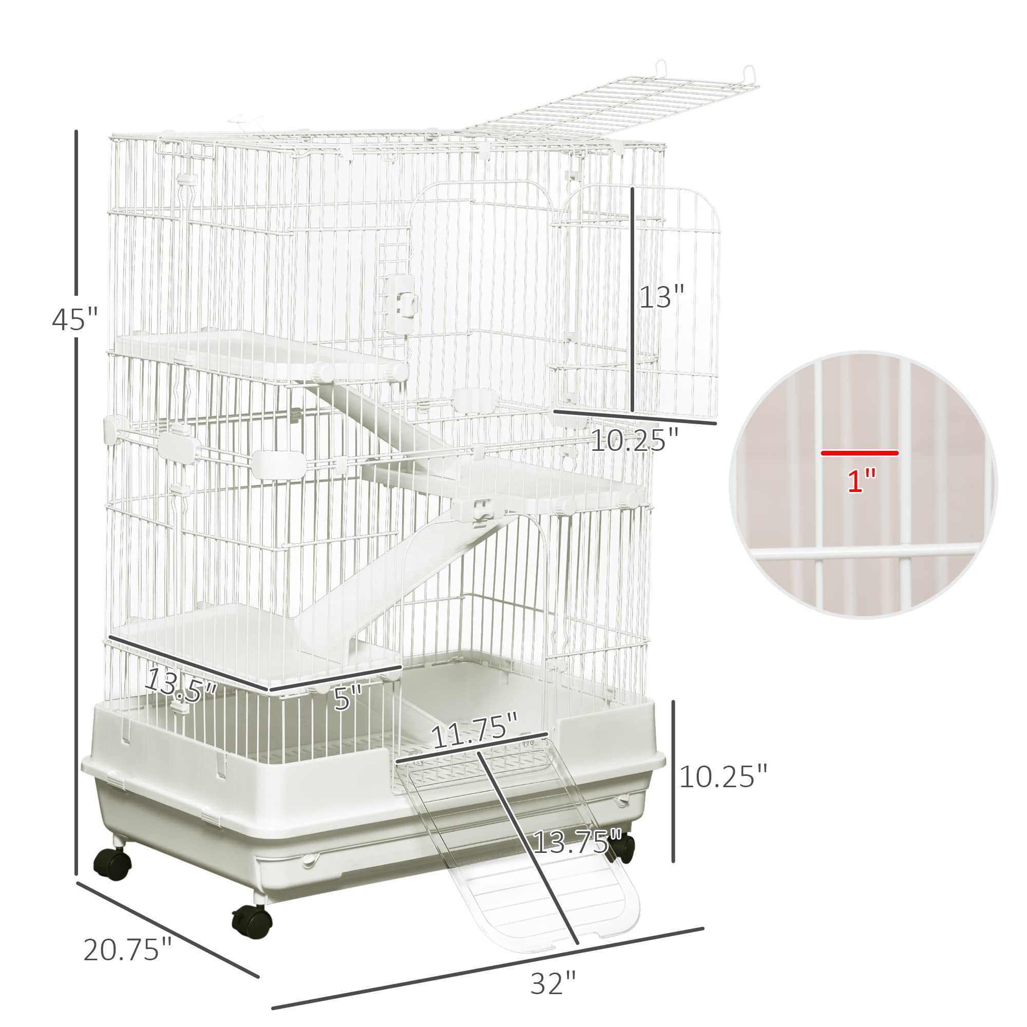 PawHut 4-Level Small Animal Cage Rabbit Hutch with Wheels, Removable Tray, Platform and Ramp for Bunny, Chinchillas, Ferret, White