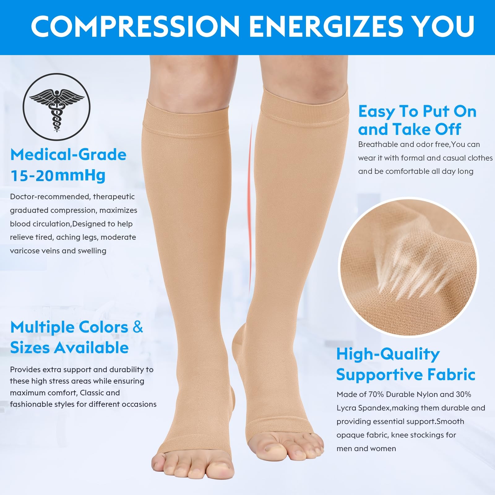 MGANG® 15-20 mmHg Compression Stockings, Knee High Compression Socks for Men and Women, Opaque, Best for Nursing, Running, Travel, Sitting, Standing, Muscle Recovery, Swollen Legs, Beige 4X-Large
