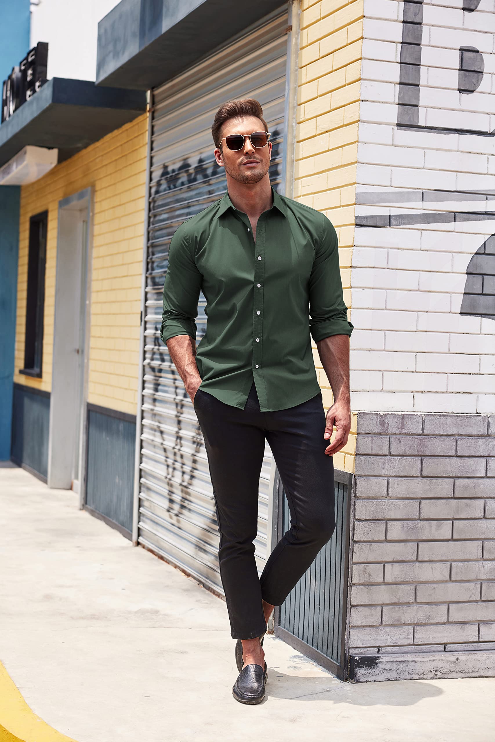 COOFANDY Men's Slim Fit Button Down Shirt Long Sleeve Solid Dress Shirts Olive Green