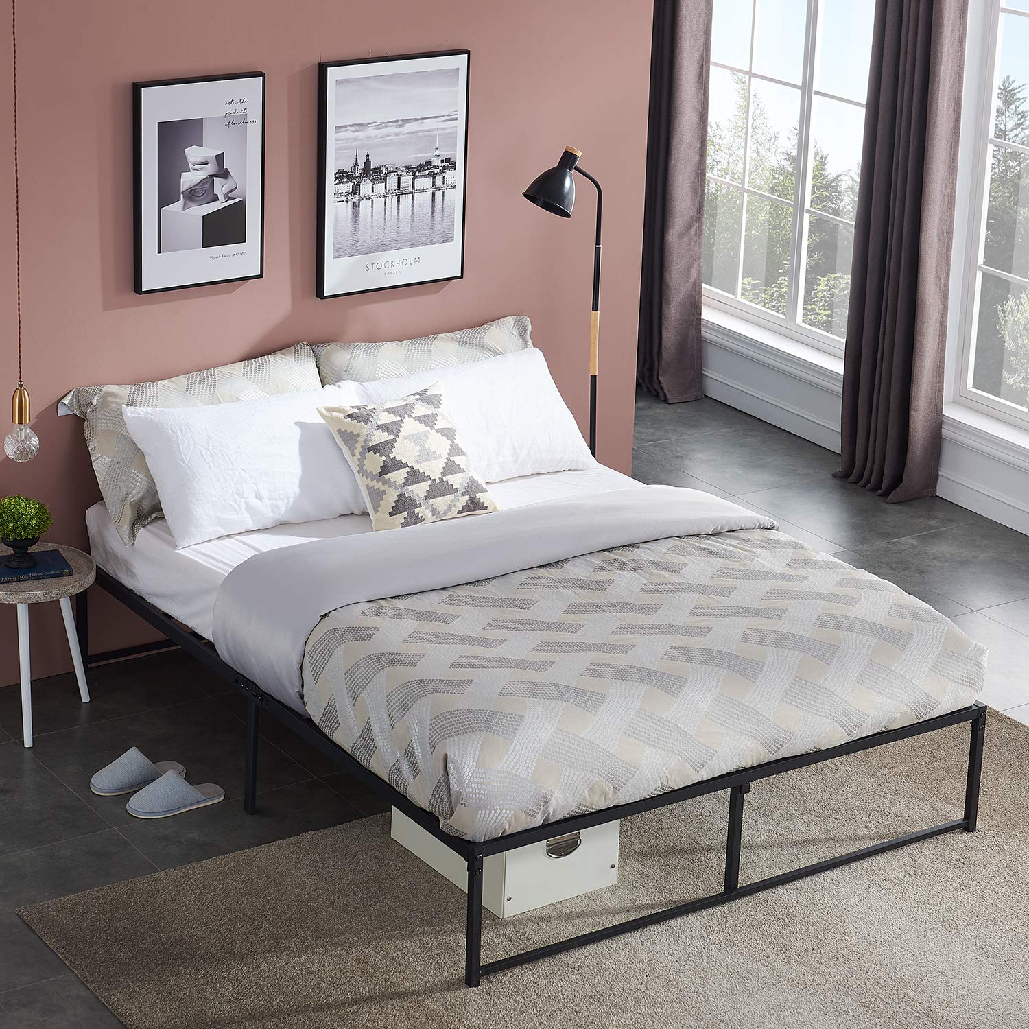 VECELO 14 Inch Bed Frame/No Box Spring Needed/Mattress Foundation/Steel Slat Support Black (Full), Metal Platform A
