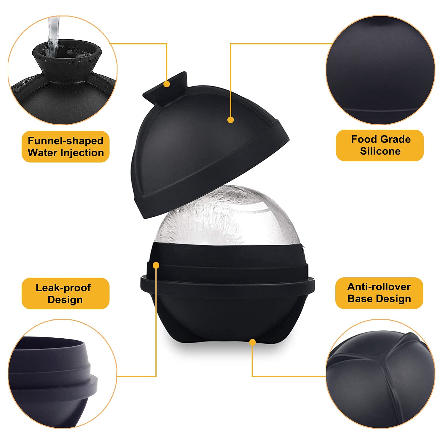 Helpcook Sphere Ice Molds - 6 Pack - Silicone Ice Ball Molds with Built-in Funnel - Round Ice Cube Molds - Make 2.5 Inch Big Ice Sphere for Whiskey & Cocktails,Food Grade and BPA Free, Black