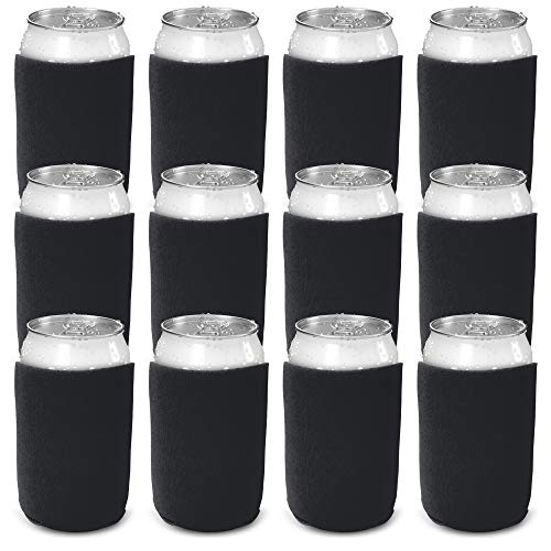 CSBD Beer Can Coolers Sleeves, Soft Insulated Reusable Drink Caddies for Water Bottles or Soda, Collapsible Blank DIY Customizable for Parties, Events or Weddings, Bulk (12, Black)