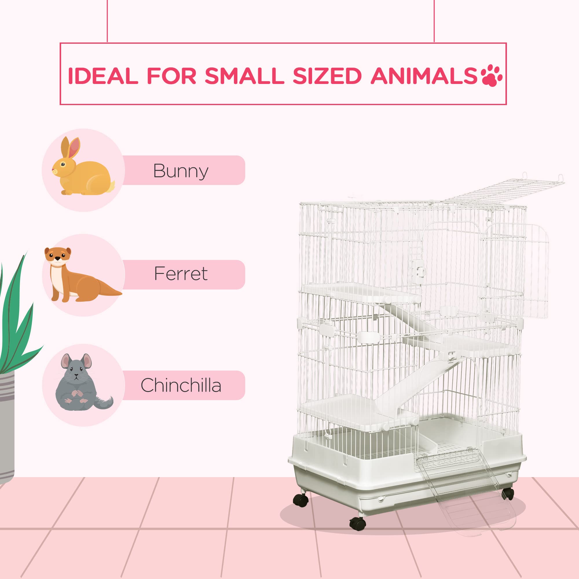 PawHut 4-Level Small Animal Cage Rabbit Hutch with Wheels, Removable Tray, Platform and Ramp for Bunny, Chinchillas, Ferret, White
