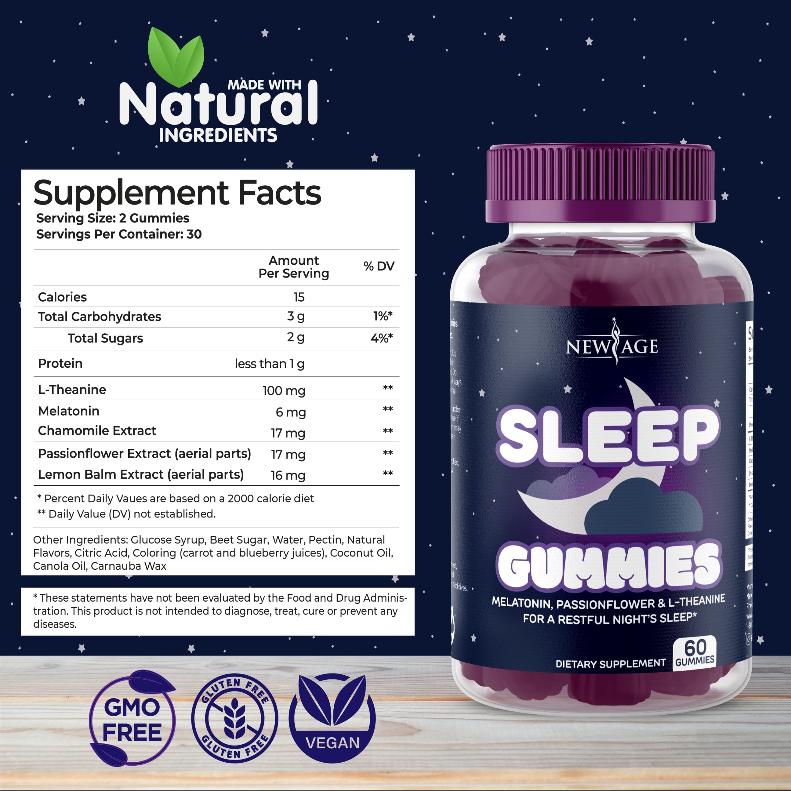 NEW AGE Sleep Melatonin Gummies 2 Pack - All Natural Flavor with L Theanine, Passionflower, Chamomile, and Lemon Balm - Made in The USA - 120 Gummies - 60 Night Supply