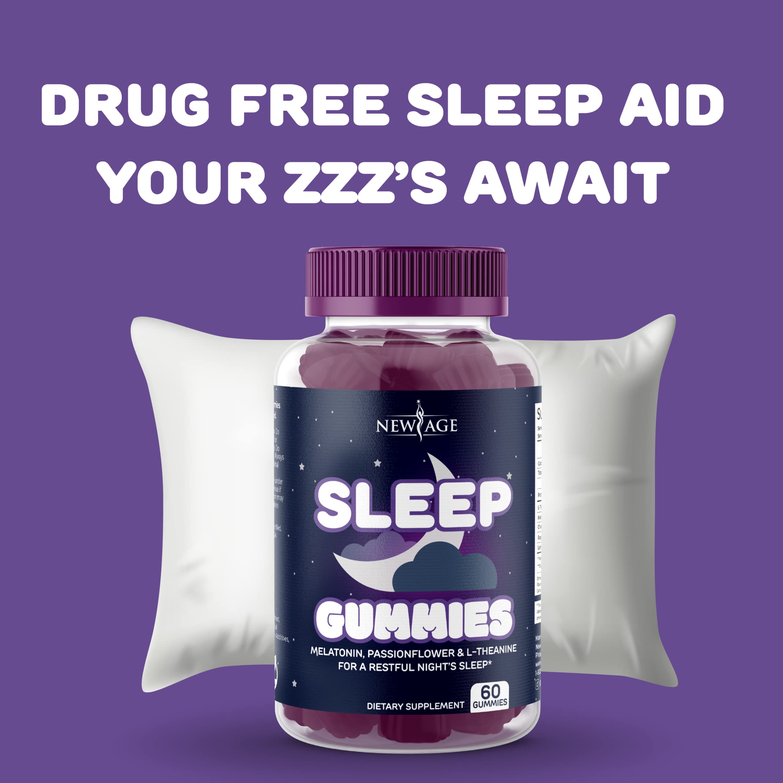 NEW AGE Sleep Melatonin Gummies 2 Pack - All Natural Flavor with L Theanine, Passionflower, Chamomile, and Lemon Balm - Made in The USA - 120 Gummies - 60 Night Supply