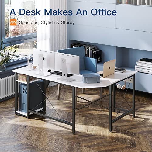 Coleshome L Shaped Computer Desk 66" with Storage Shelves, Corner Gaming Desk, Sturdy Writing Desk Workstation, Modern Wooden Office Desk, Wood & Metal, White