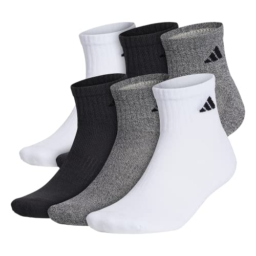 adidas Men's Athletic Cushioned Quarter Socks with Arch Compression for a Secure fit (6-Pair), White/Alumina Beige/Carbon Grey, Large