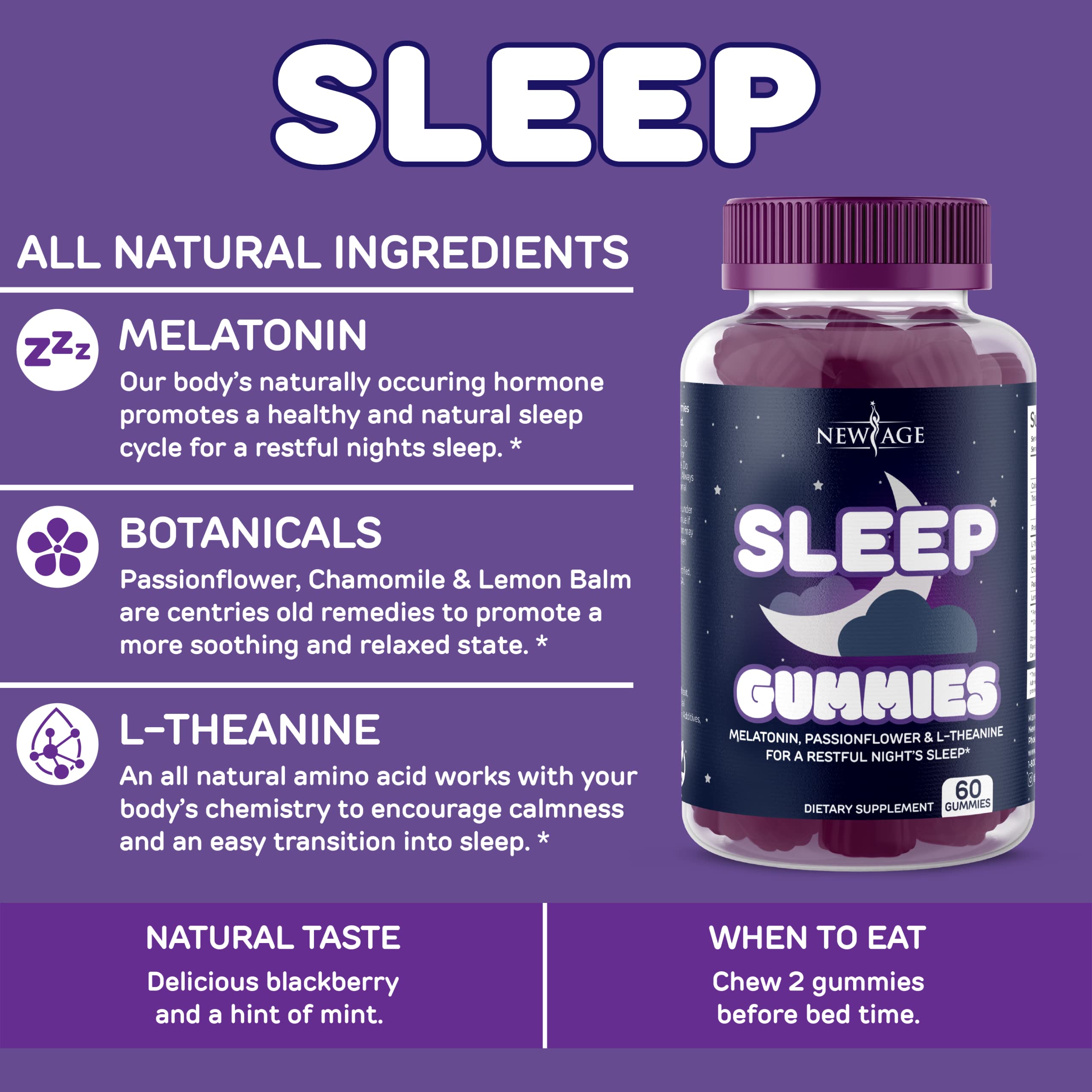 NEW AGE Sleep Melatonin Gummies 2 Pack - All Natural Flavor with L Theanine, Passionflower, Chamomile, and Lemon Balm - Made in The USA - 120 Gummies - 60 Night Supply