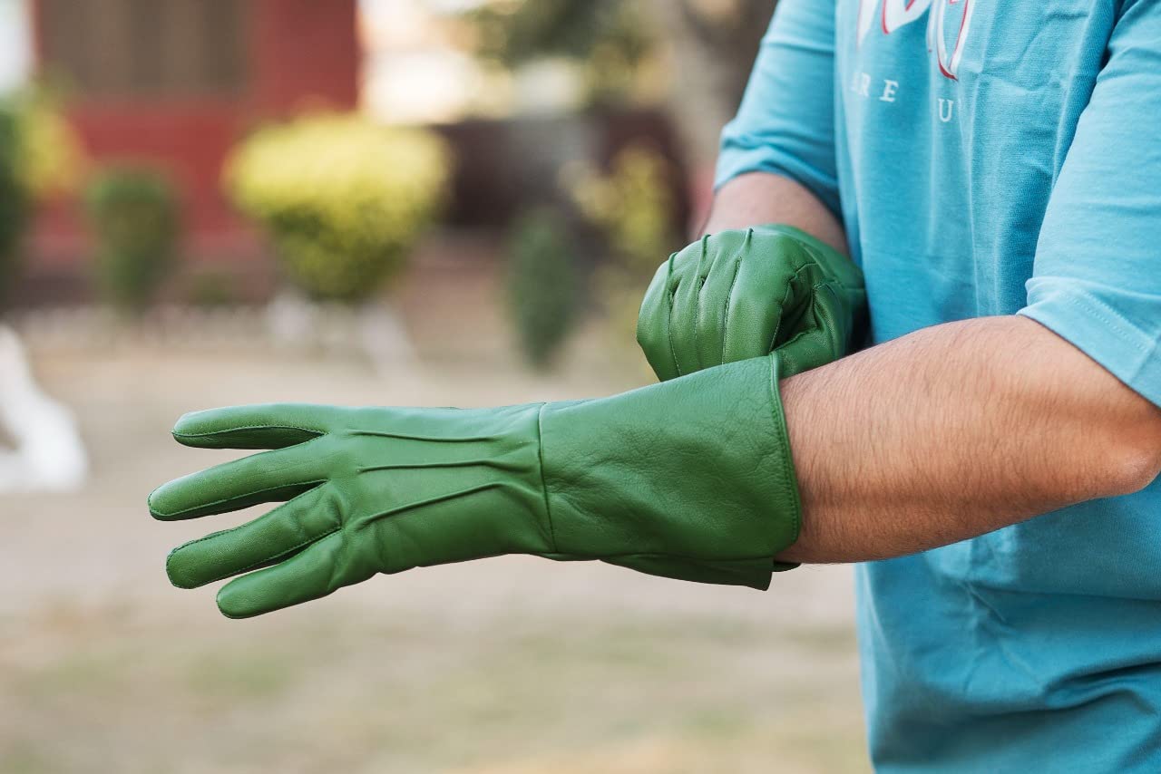 LEATHER LH HANDS Men's Medieval Renaissance Cosplay Unlined Gauntlet Genuine Leather Costume Gloves Green Small