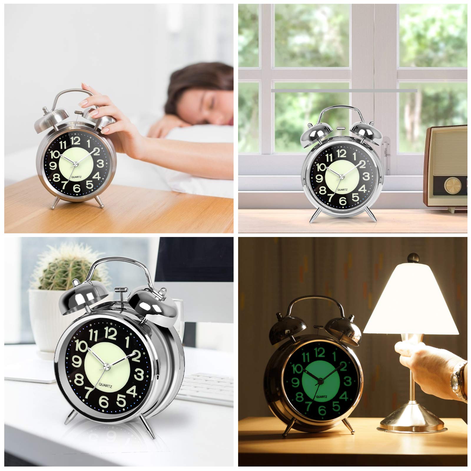 AYRELY® Super Loud Alarm Clock for Heavy Sleepers Adults,Twin Bell Retro 4 Inch Silent Non-Ticking Quartz with Backlight, Luminous dial, Alarm Clocks for Bedrooms Bedside (Silver)
