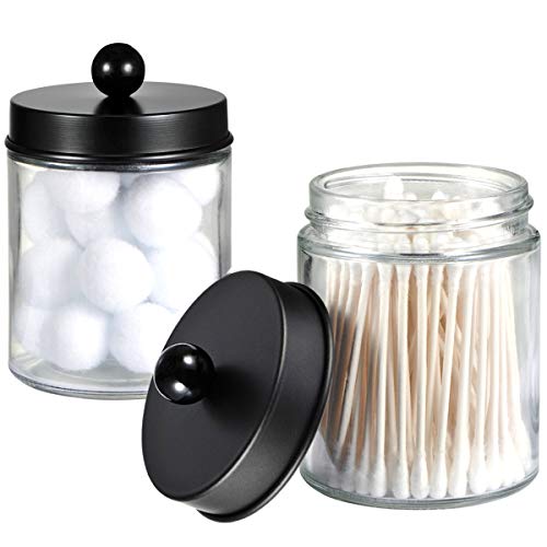 4 Pack Apothecary Jars Bathroom Vanity Storage Organizer Set -Countertop Canister with Stainless Steel Lids &Cute Stickers - Qtip Dispenser Holder for Qtips,Cotton Swabs,Makeup Sponges(Black)