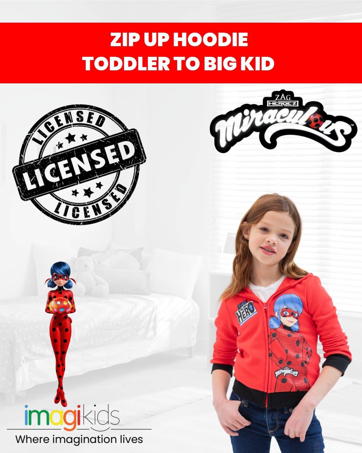 Miraculous Ladybug Big Girls Zip Up Hoodie Red 14-16