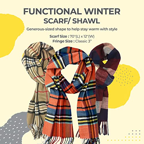 Plum Feathers Plaid Check and Solid Cashmere Feel Winter Scarf, Warm Scarfs, Cold Weather Accessories, Fringe Scarves (Pink Grey Plaid)