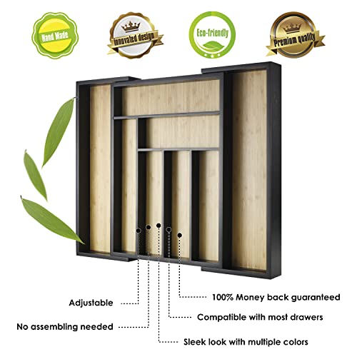Cozee Bay Bamboo drawer organizer, utensil holder, silverware organizer, and adjustable cutlery tray with drawer dividers, for kitchen, office desk, and bathroom storage (Black)