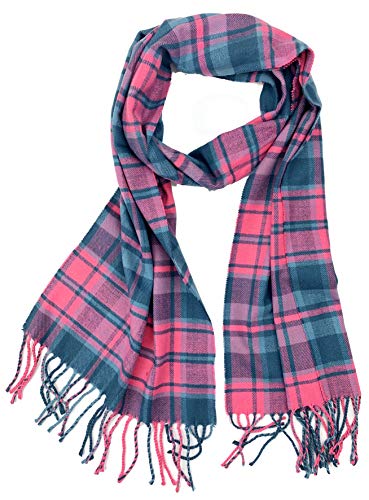 Plum Feathers Plaid Check and Solid Cashmere Feel Winter Scarf, Warm Scarfs, Cold Weather Accessories, Fringe Scarves (Pink Grey Plaid)