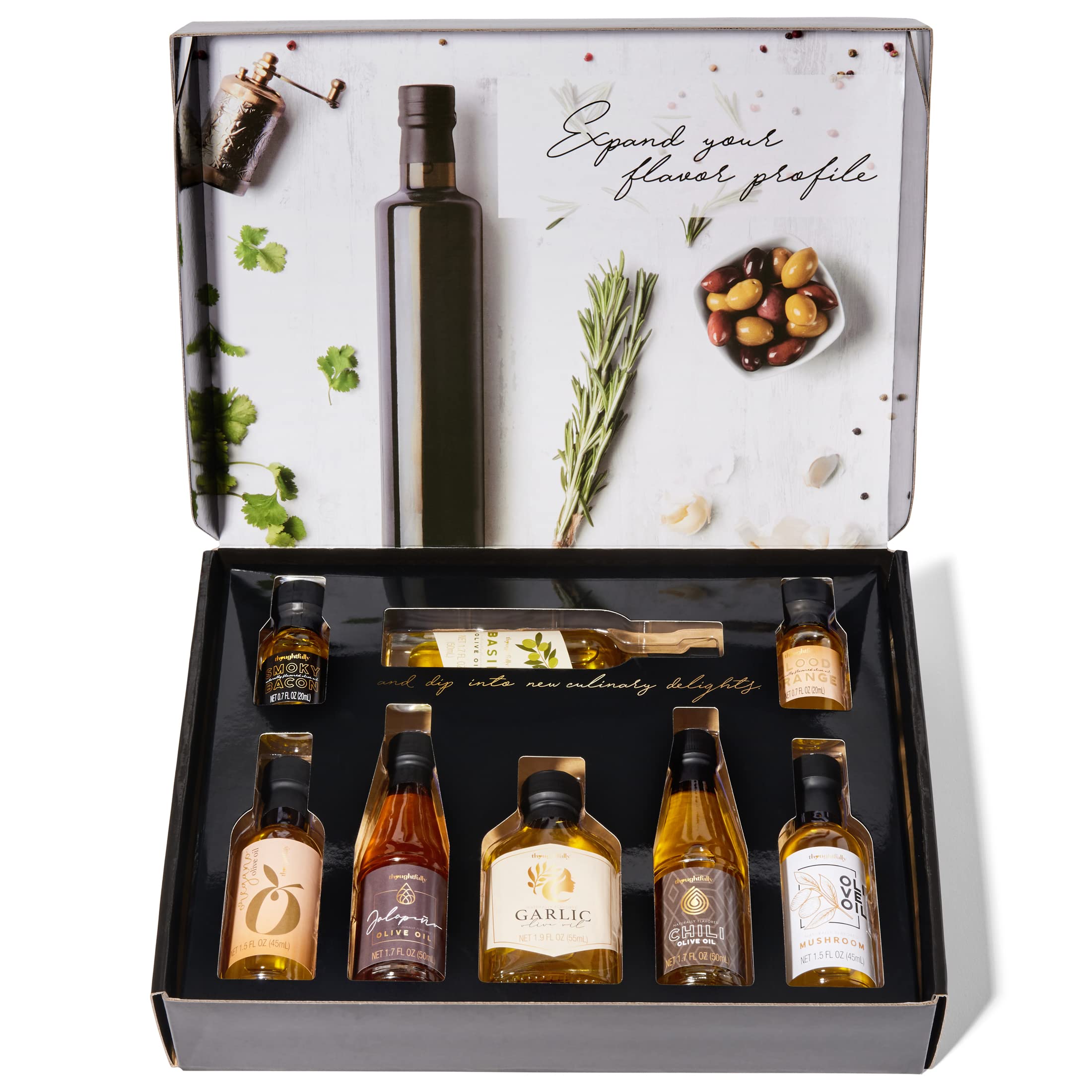 Thoughtfully Gourmet, Olive Oil Sampler Gift Set, Premium Extra-Virgin Olive Oil from Spain, Natural Flavors Include Garlic, Chili, Smoky Bacon, Mushroom, Jalapeno and More, Set of 8