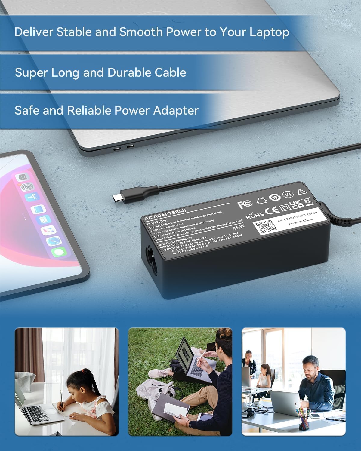 45W USB-C Laptop Charger for Chromebook Hp Dell Acer Asus Lenovo Samsung Laptop USB-C Adapter Power Cable More Device Type C Fast Charging