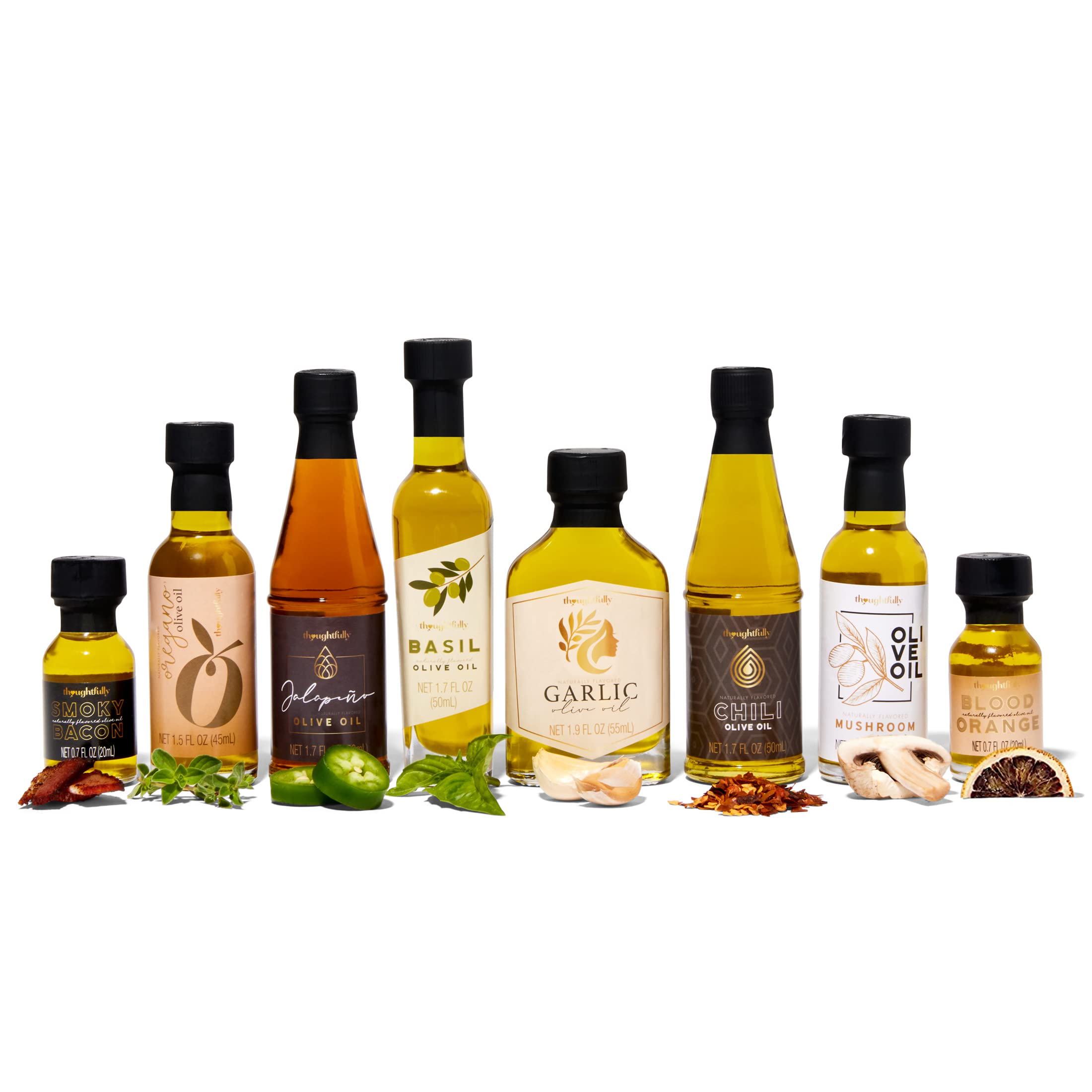 Thoughtfully Gourmet, Olive Oil Sampler Gift Set, Premium Extra-Virgin Olive Oil from Spain, Natural Flavors Include Garlic, Chili, Smoky Bacon, Mushroom, Jalapeno and More, Set of 8