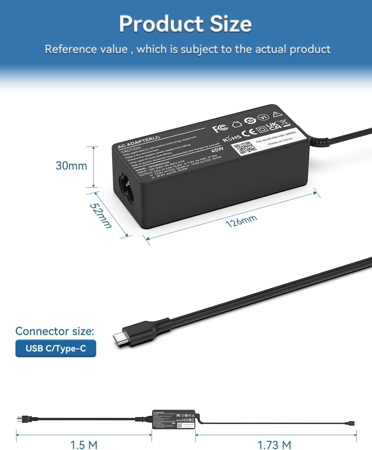 45W USB-C Laptop Charger for Chromebook Hp Dell Acer Asus Lenovo Samsung Laptop USB-C Adapter Power Cable More Device Type C Fast Charging