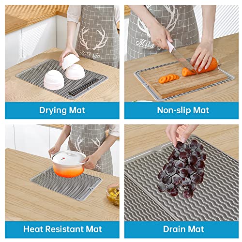 Dish Drying Mat Faucet Splash Guard Kits, Kitchen Bathroom Silicone Faucet Mat Sink Water Splash Guard, Silicone Mat Heat Resistant Mat Drying Mat for Kitchen Counter (Grey)