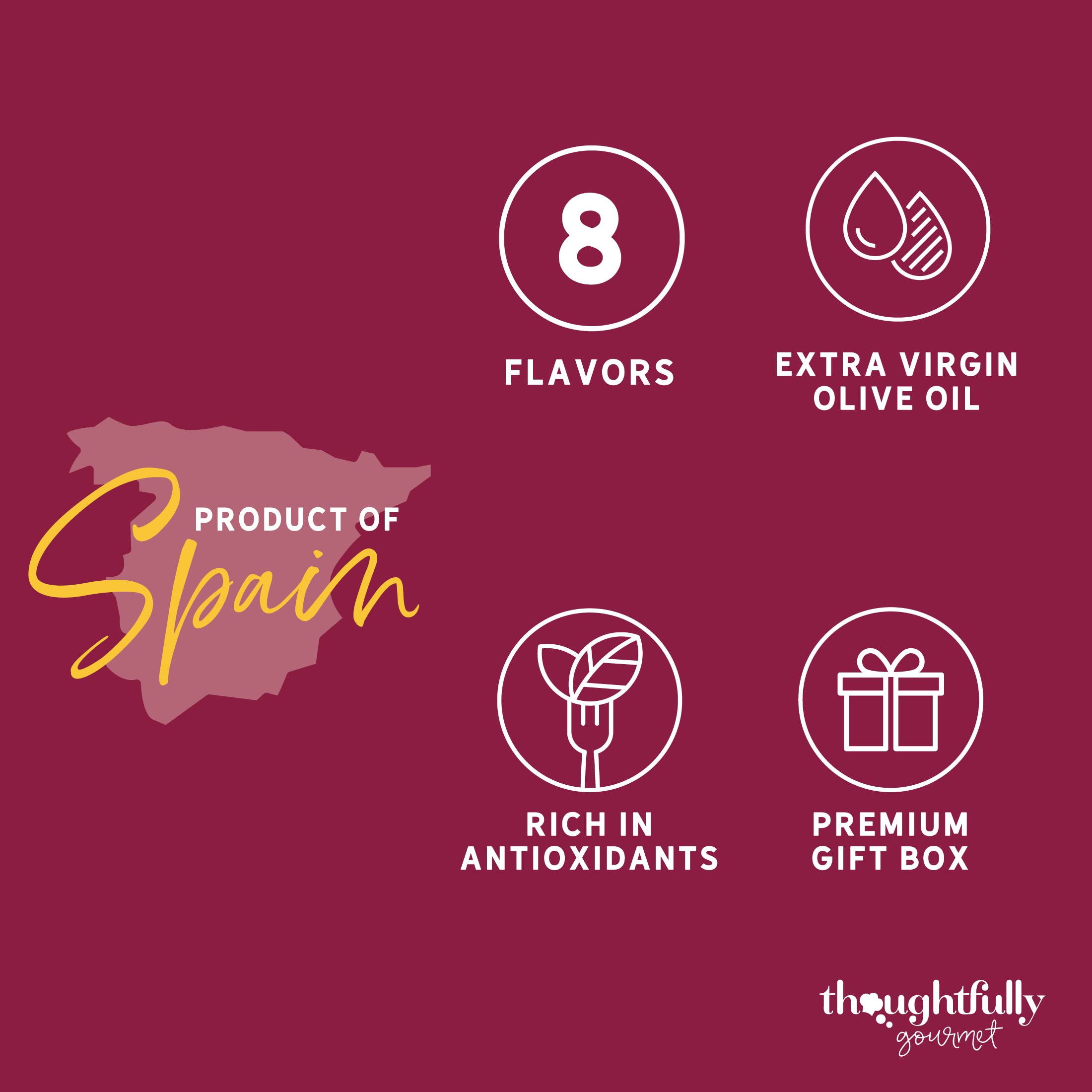 Thoughtfully Gourmet, Olive Oil Sampler Gift Set, Premium Extra-Virgin Olive Oil from Spain, Natural Flavors Include Garlic, Chili, Smoky Bacon, Mushroom, Jalapeno and More, Set of 8