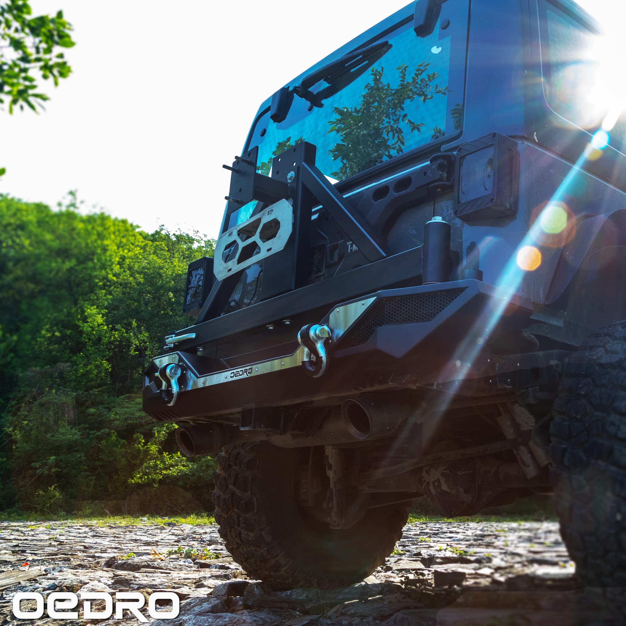 OEDRO Rear Bumper w/Tire Carrier Compatible for 2007-2018 Jeep Wrangler JK & Unlimited JKU, Off Road Full Width Back Bumper w/Hitch Receiver & D-Rings & Reflective Armor