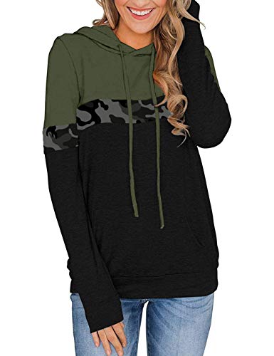 LERUCCI Womens Casual Long Sleeve Hoodie Sweatshirts Color Block Drawstring Pullover Shirts Tops with Pockets Camouflage Army Green Medium