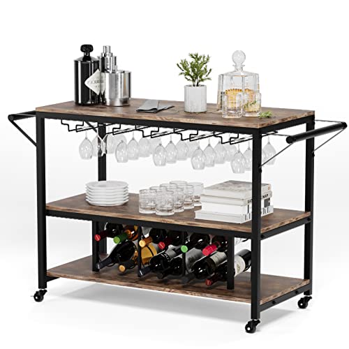 3-Tier Wine Table, Serving Bar Carts for The Home with Glass Holder, Mini Home Bar, Industrial Liquor Carts on Wheels, Rustic Wood and Metal Coffee Station and Drink Trolley for Dining Room, Kitchen