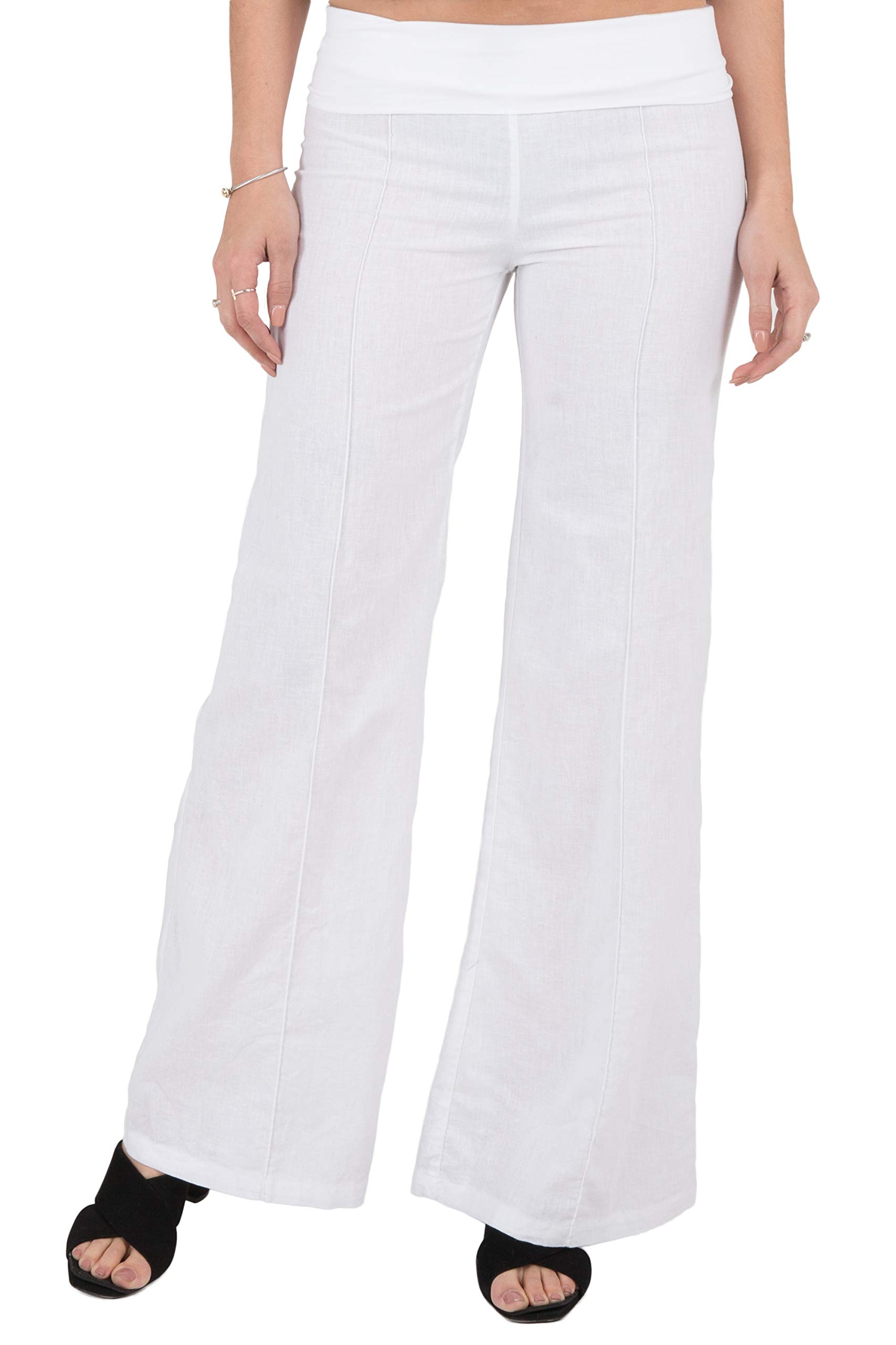 Standards & Practices S & P-Women's Linen-Cotton Wide Leg-Yoga-Pants with Fold-Over Elastic Waist Size S White