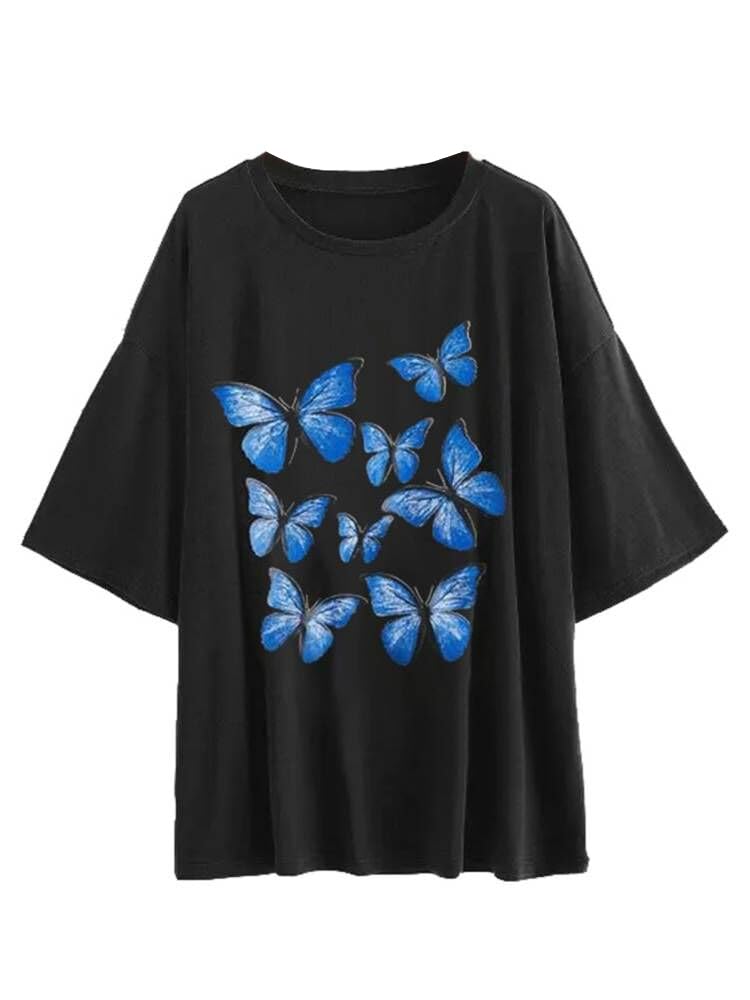 Fenxxxl Womens Drop Shoulder Cute Oversized Shirt Butterfly Print Loose Junior Tops Casual Boyfriend Graphic Tee F491-395-Black M