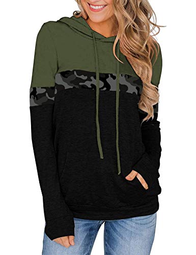 LERUCCI Womens Casual Long Sleeve Hoodie Sweatshirts Color Block Drawstring Pullover Shirts Tops with Pockets Camouflage Army Green Medium