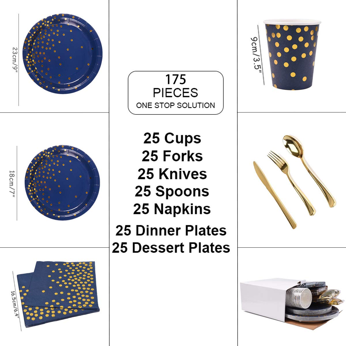 175PCS Disposable Cutlery Set for 25 Guests Blue and Gold Party Cutlery Set Includes Dinner Plate Salad Plate Napkin Cup Knife Fork Spoon for Birthday Party Wedding