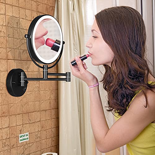 SanaWell Makeup Mirror with Lights and Magnification 3X/1X, 8 Inch Double Sided Wall Mounted Mirror [One Button Switch], Extendable Arm 360° Swivel Vanity Mirror Powered by Plug-in AC Cord (Black)