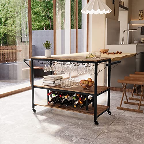 3-Tier Wine Table, Serving Bar Carts for The Home with Glass Holder, Mini Home Bar, Industrial Liquor Carts on Wheels, Rustic Wood and Metal Coffee Station and Drink Trolley for Dining Room, Kitchen