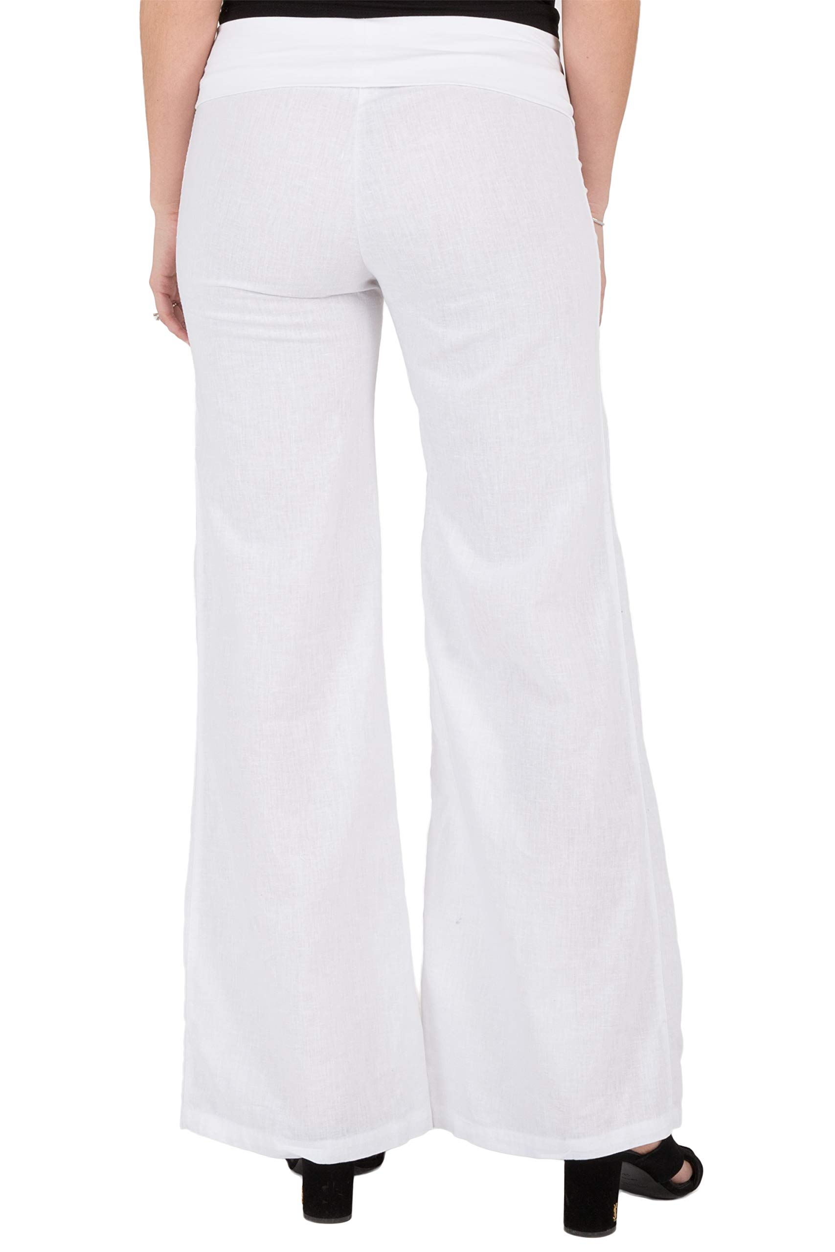 Standards & Practices S & P-Women's Linen-Cotton Wide Leg-Yoga-Pants with Fold-Over Elastic Waist Size S White