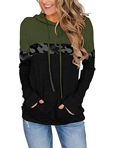 LERUCCI Womens Casual Long Sleeve Hoodie Sweatshirts Color Block Drawstring Pullover Shirts Tops with Pockets Camouflage Army Green Medium
