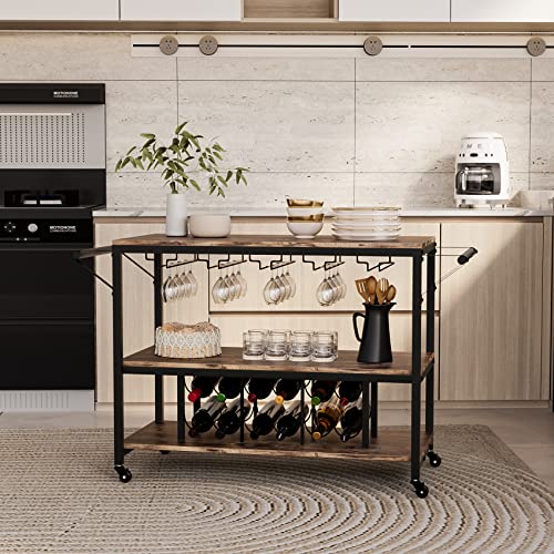 3-Tier Wine Table, Serving Bar Carts for The Home with Glass Holder, Mini Home Bar, Industrial Liquor Carts on Wheels, Rustic Wood and Metal Coffee Station and Drink Trolley for Dining Room, Kitchen