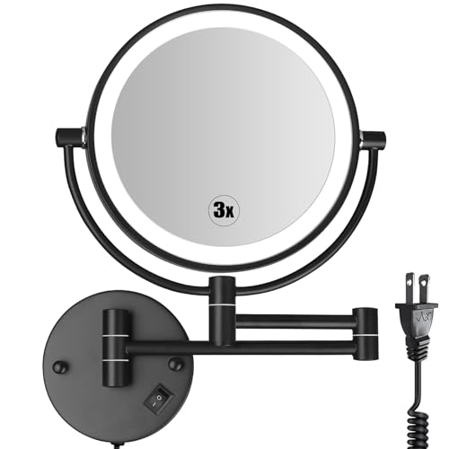 SanaWell Makeup Mirror with Lights and Magnification 3X/1X, 8 Inch Double Sided Wall Mounted Mirror [One Button Switch], Extendable Arm 360° Swivel Vanity Mirror Powered by Plug-in AC Cord (Black)
