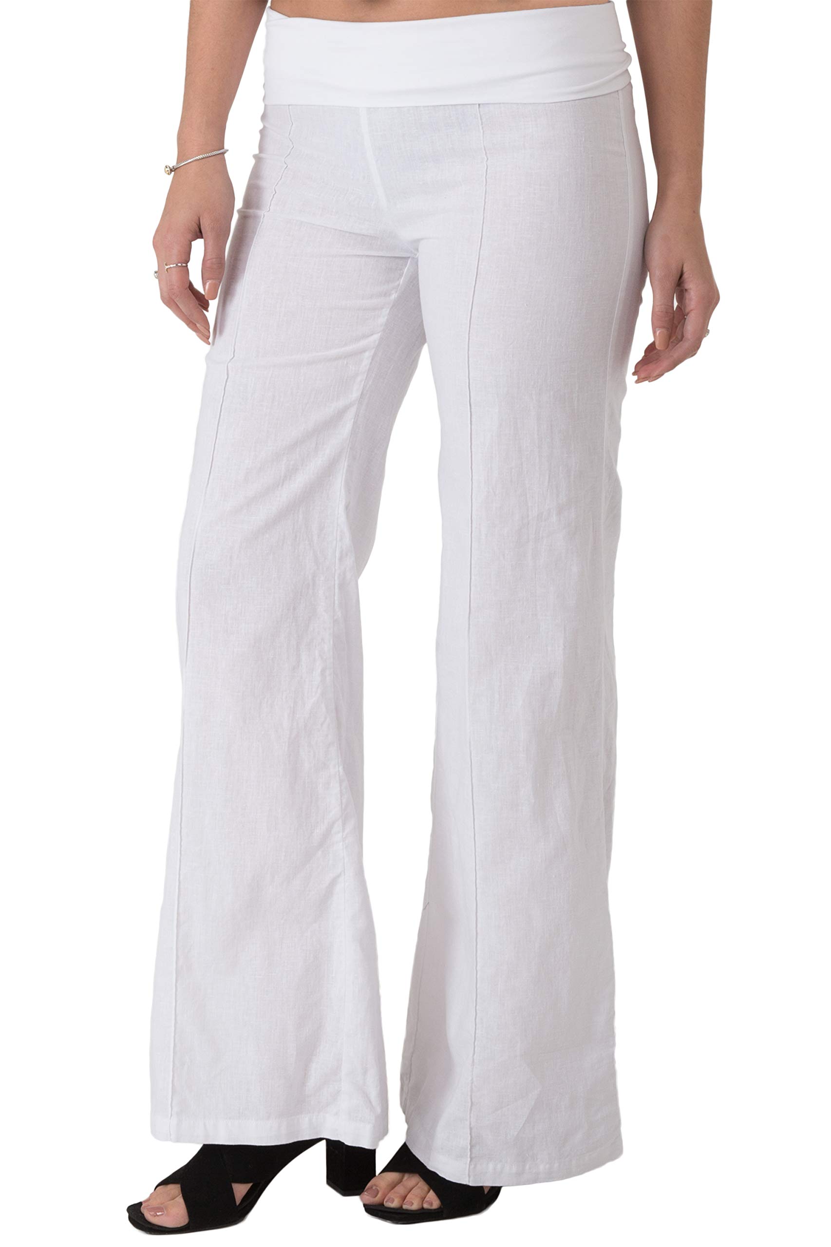 Standards & Practices S & P-Women's Linen-Cotton Wide Leg-Yoga-Pants with Fold-Over Elastic Waist Size S White