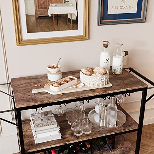 3-Tier Wine Table, Serving Bar Carts for The Home with Glass Holder, Mini Home Bar, Industrial Liquor Carts on Wheels, Rustic Wood and Metal Coffee Station and Drink Trolley for Dining Room, Kitchen