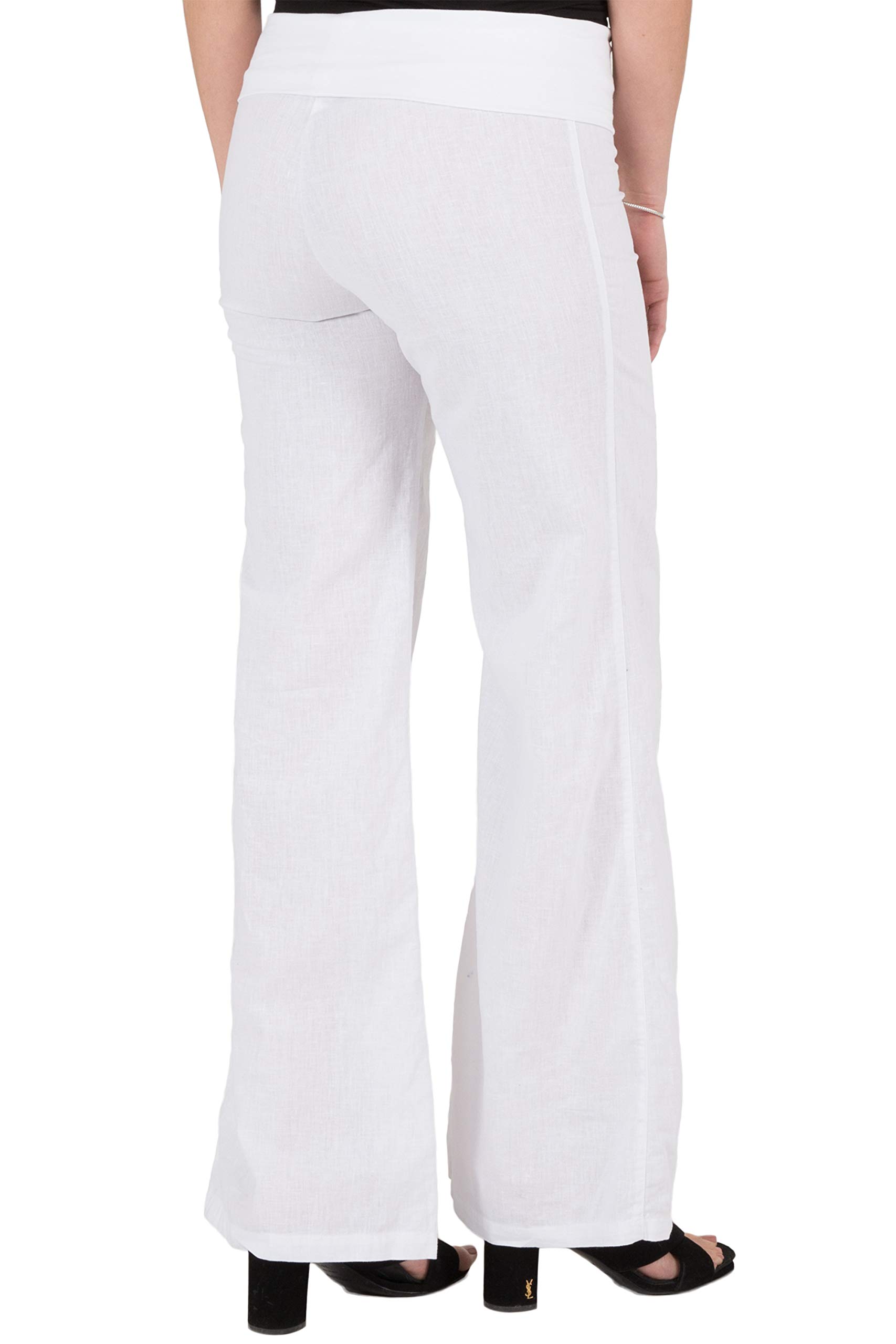Standards & Practices S & P-Women's Linen-Cotton Wide Leg-Yoga-Pants with Fold-Over Elastic Waist Size S White