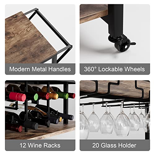 3-Tier Wine Table, Serving Bar Carts for The Home with Glass Holder, Mini Home Bar, Industrial Liquor Carts on Wheels, Rustic Wood and Metal Coffee Station and Drink Trolley for Dining Room, Kitchen