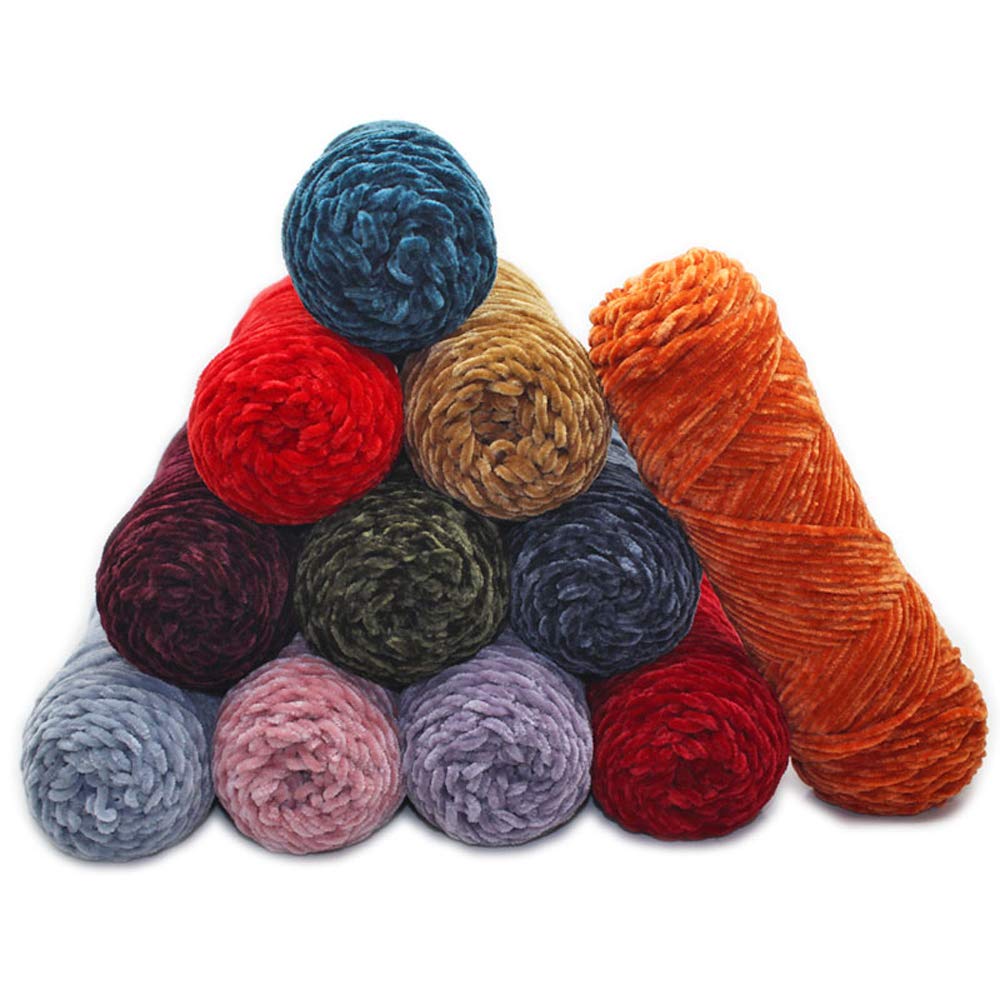 Truevalue 4 Skeins Chenille Yarn,Hand Knitting Glossy Chenille Velvet Blanket Yarn for Crochet Weaving DIY Craft Total 400g (Navy)