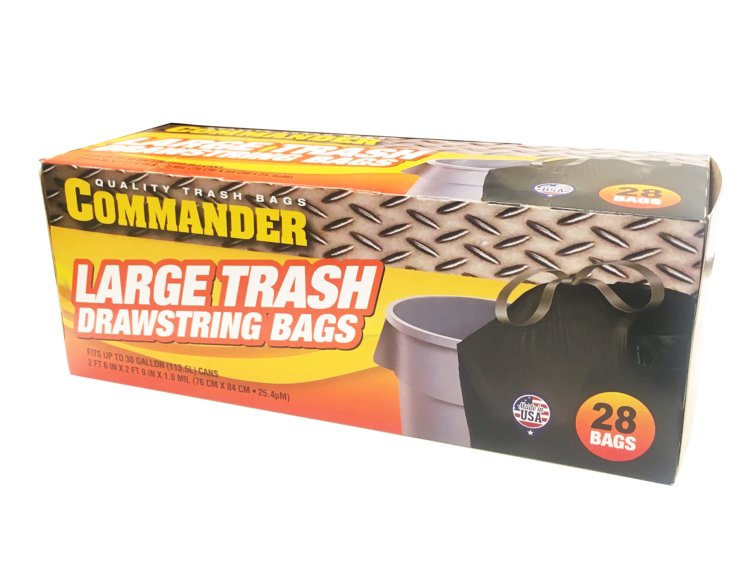Commander 20-30 Gallon 1.0 MIL Black Drawstring Trash Bags - 30" x 33" - Pack of 28 - For Home, Kitchen, & Office
